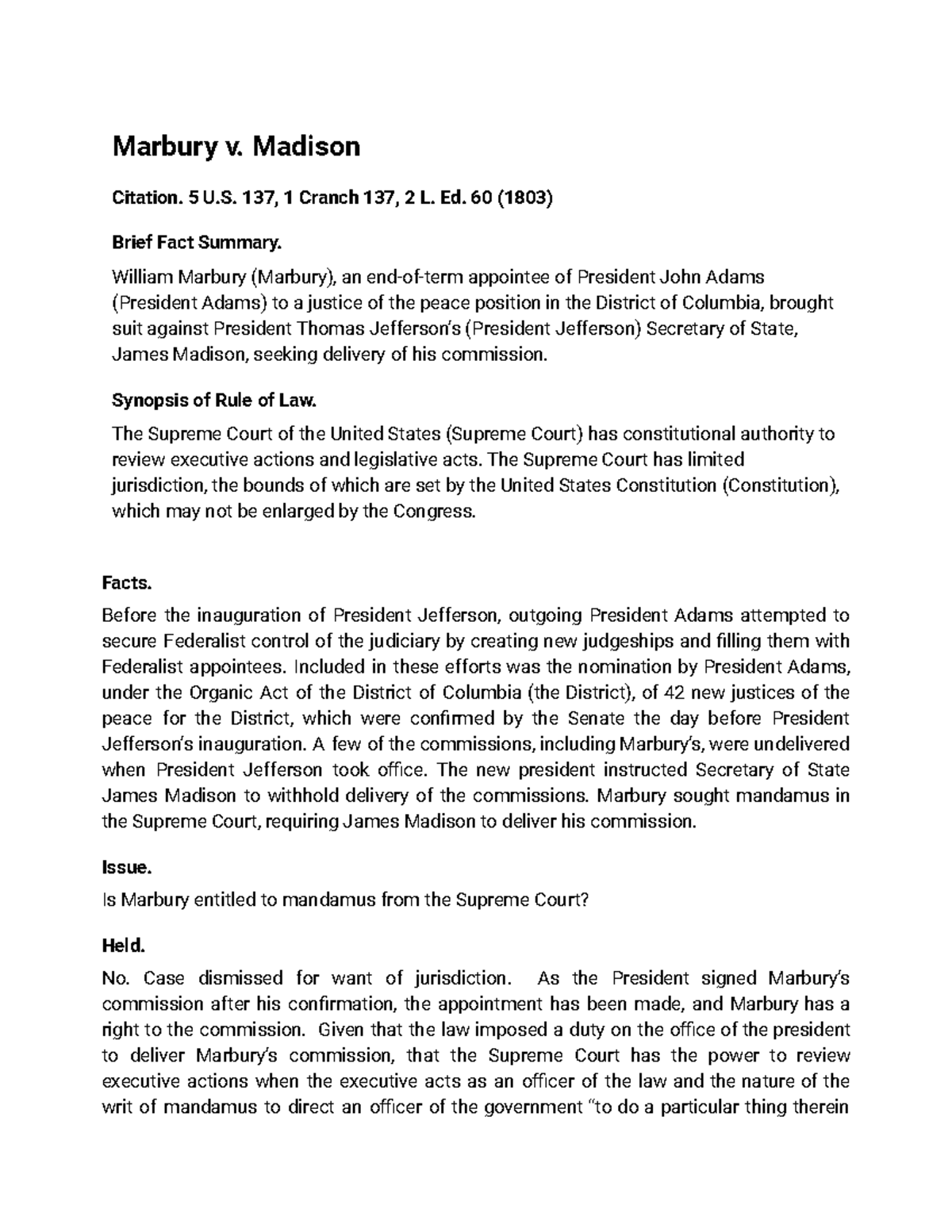 Marbury v. Madison - Marbury v. Madison Citation. 5 U. 137, 1 Cranch ...