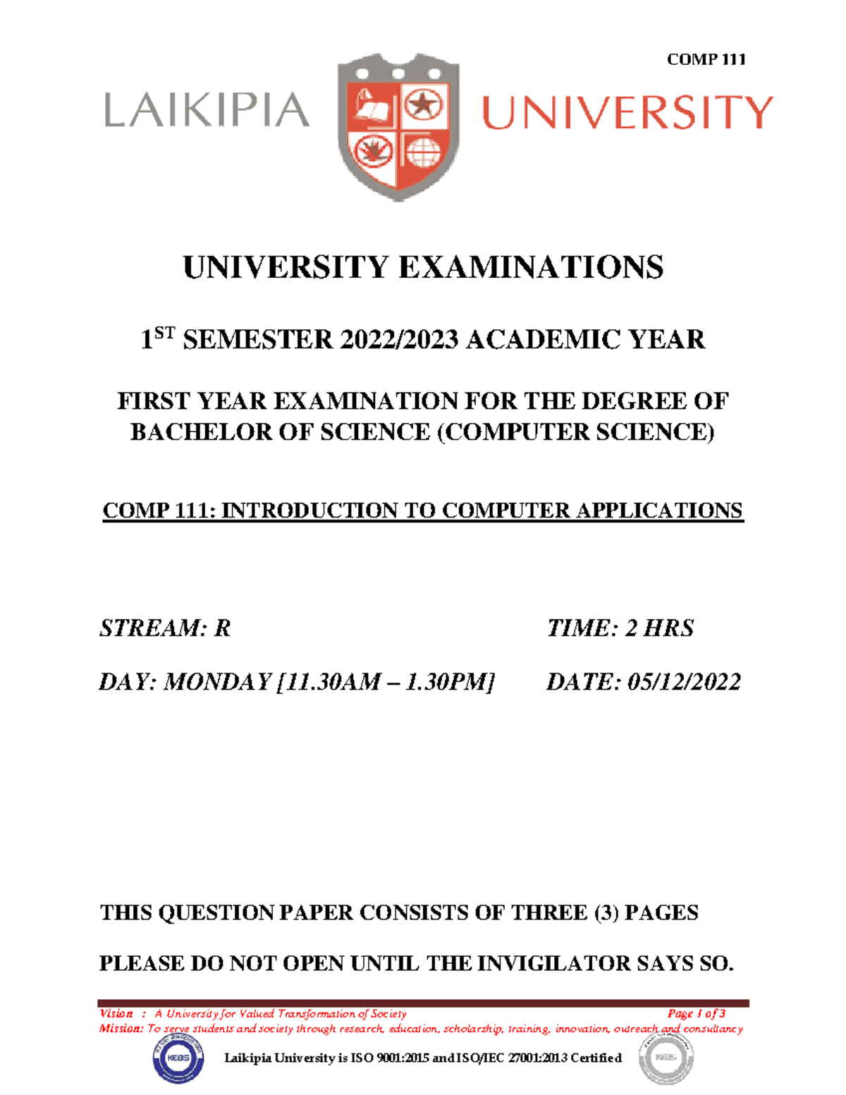 COMP 111 - Introduction TO Computer Applications - 2 - COMP 111 Vision ...