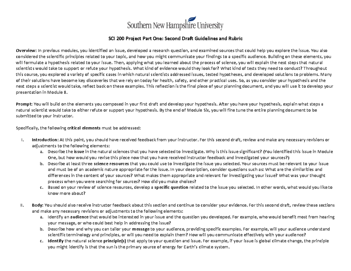 SCI 200 Project Part One Second Draft Guidelines and Rubric - You also ...