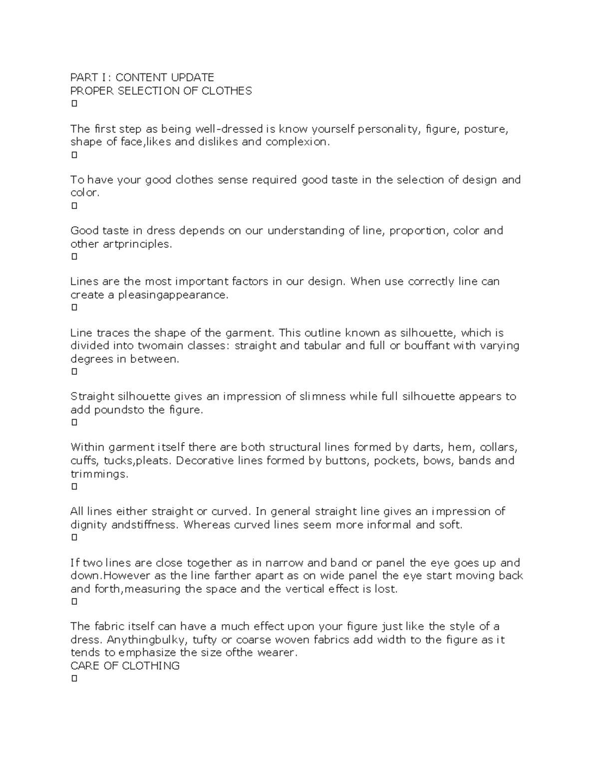 Clothing notes - DCS - PART I: CONTENT UPDATE PROPER SELECTION OF ...