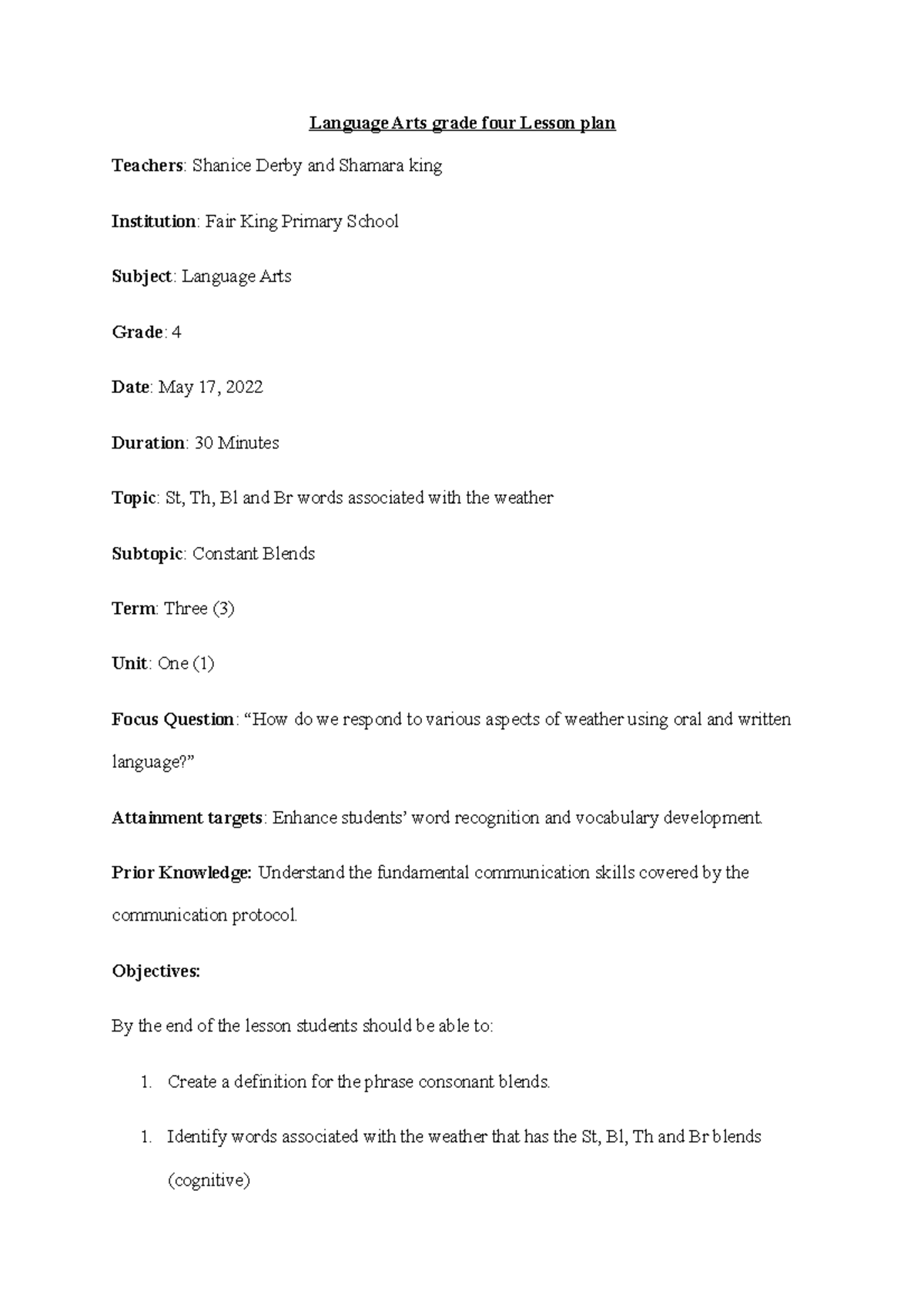 Language Arts grade four Lesson plan - Language Arts grade four Lesson ...