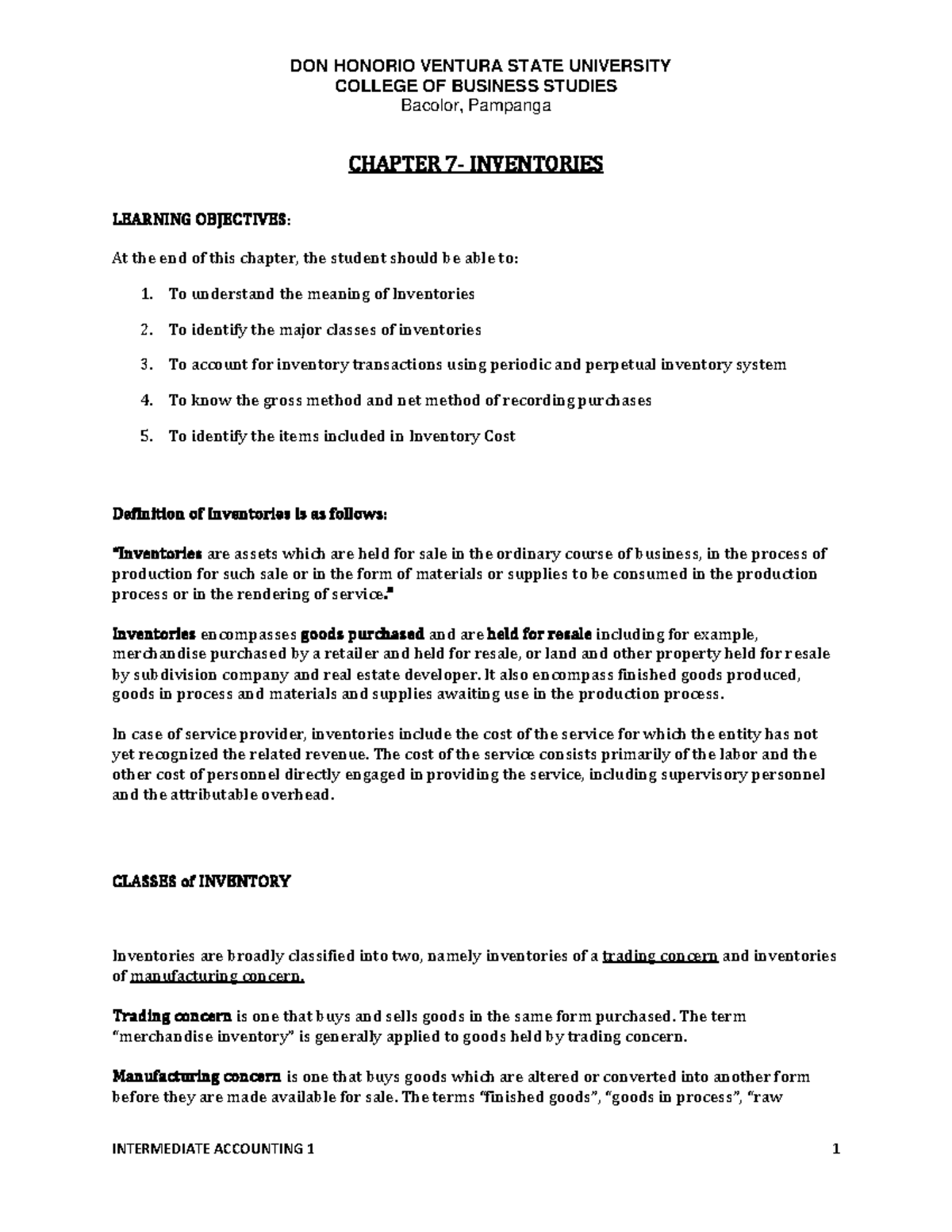Chapter 7- Inventories - COLLEGE OF BUSINESS STUDIES Bacolor, Pampanga ...