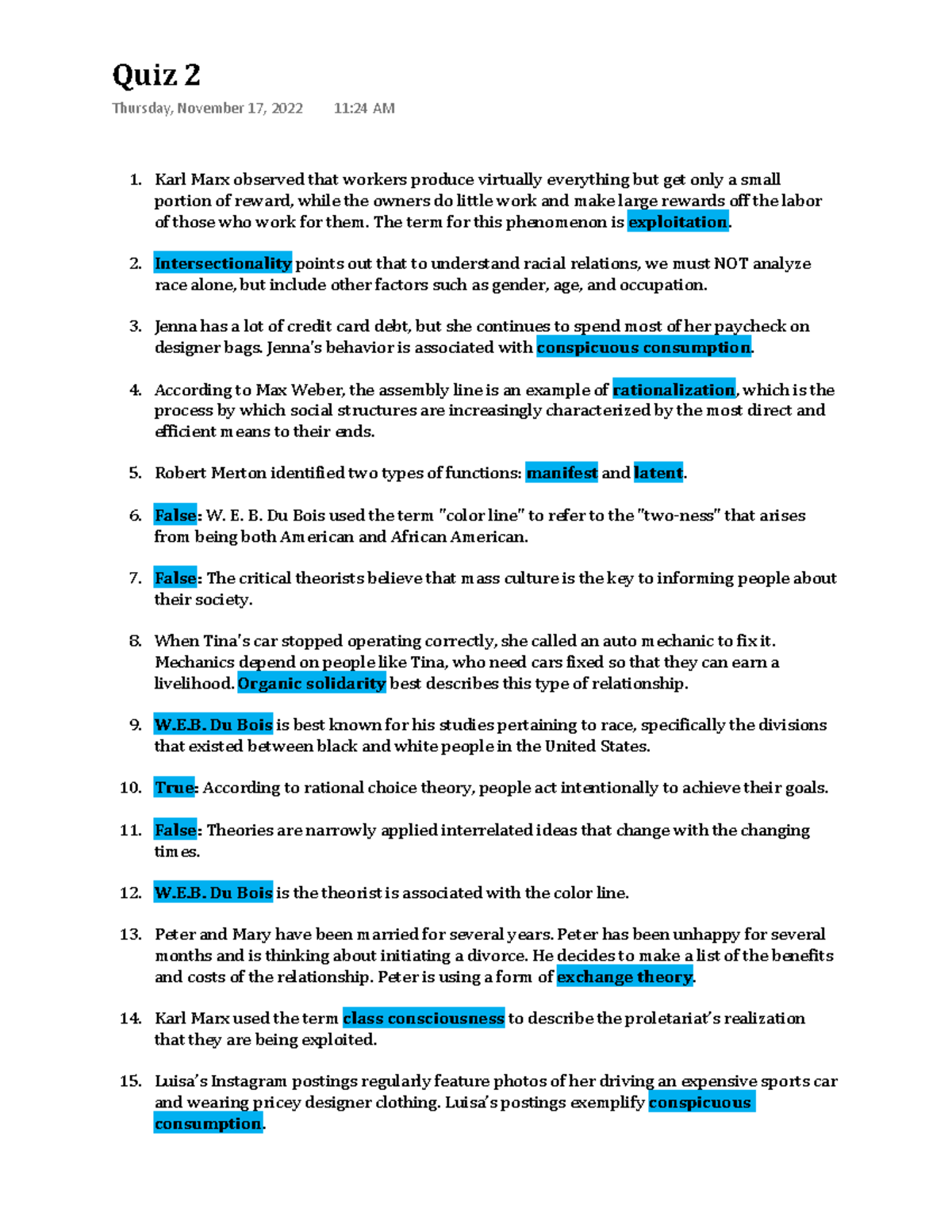 SOC1013 - Quiz 2 - n/a - Karl Marx observed that workers produce ...