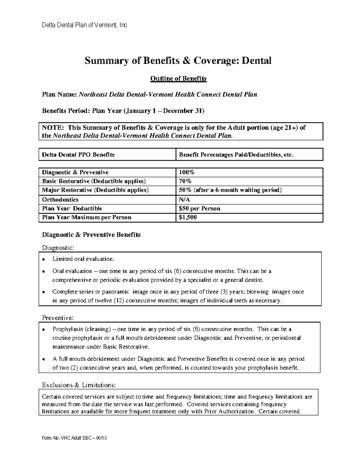 SBC-Adult - Summary of Benefits & Coverage: Dental Outline of Benefits ...