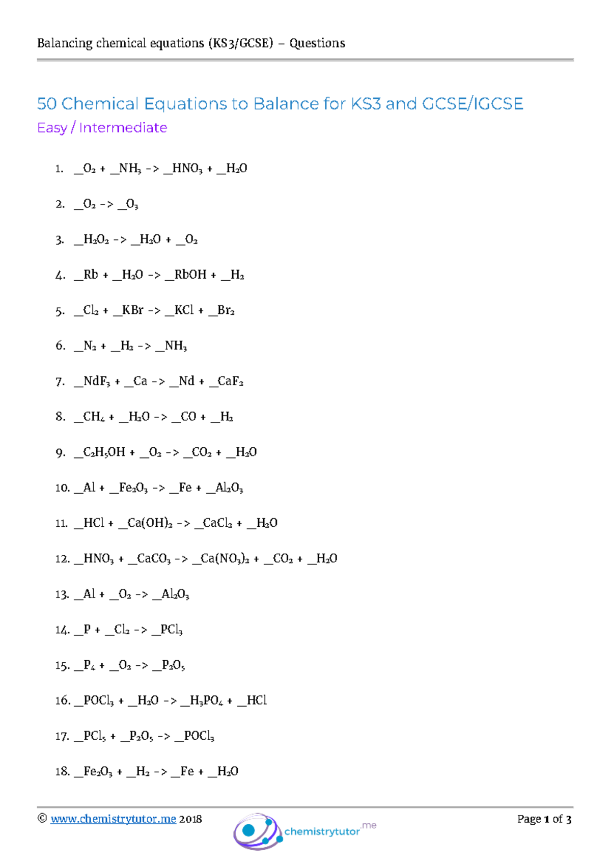 Balancing chemical equations worksheet 1 QP - Balancing chemical ...