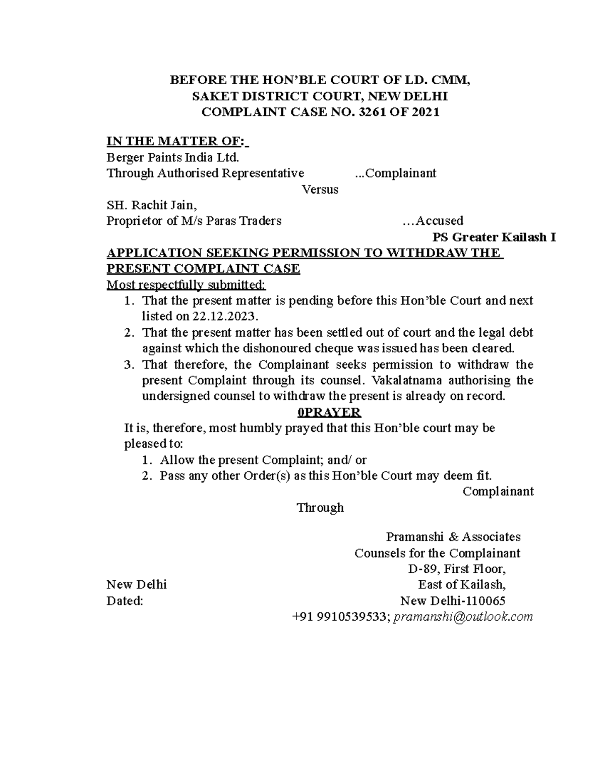 Application of paras traders - BEFORE THE HON’BLE COURT OF LD. CMM ...