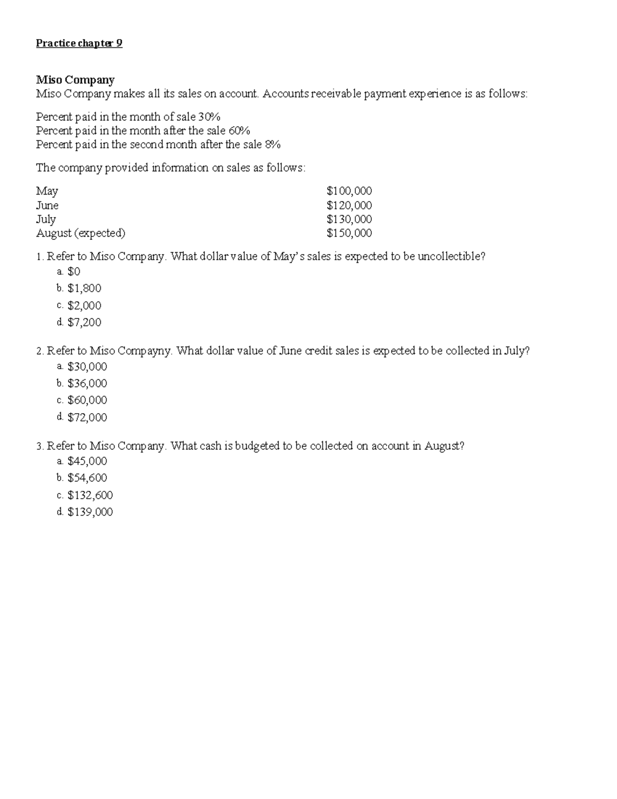 Practice chapter 9 - Miso Company Miso Company makes all its sales on ...