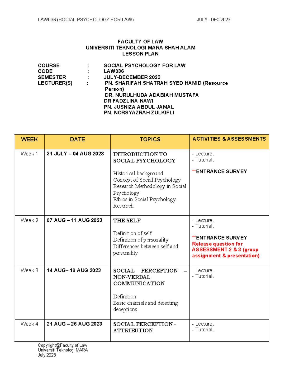 Lesson PLAN LAW036 JULY 2023 - FACULTY OF LAW UNIVERSITI TEKNOLOGI MARA ...