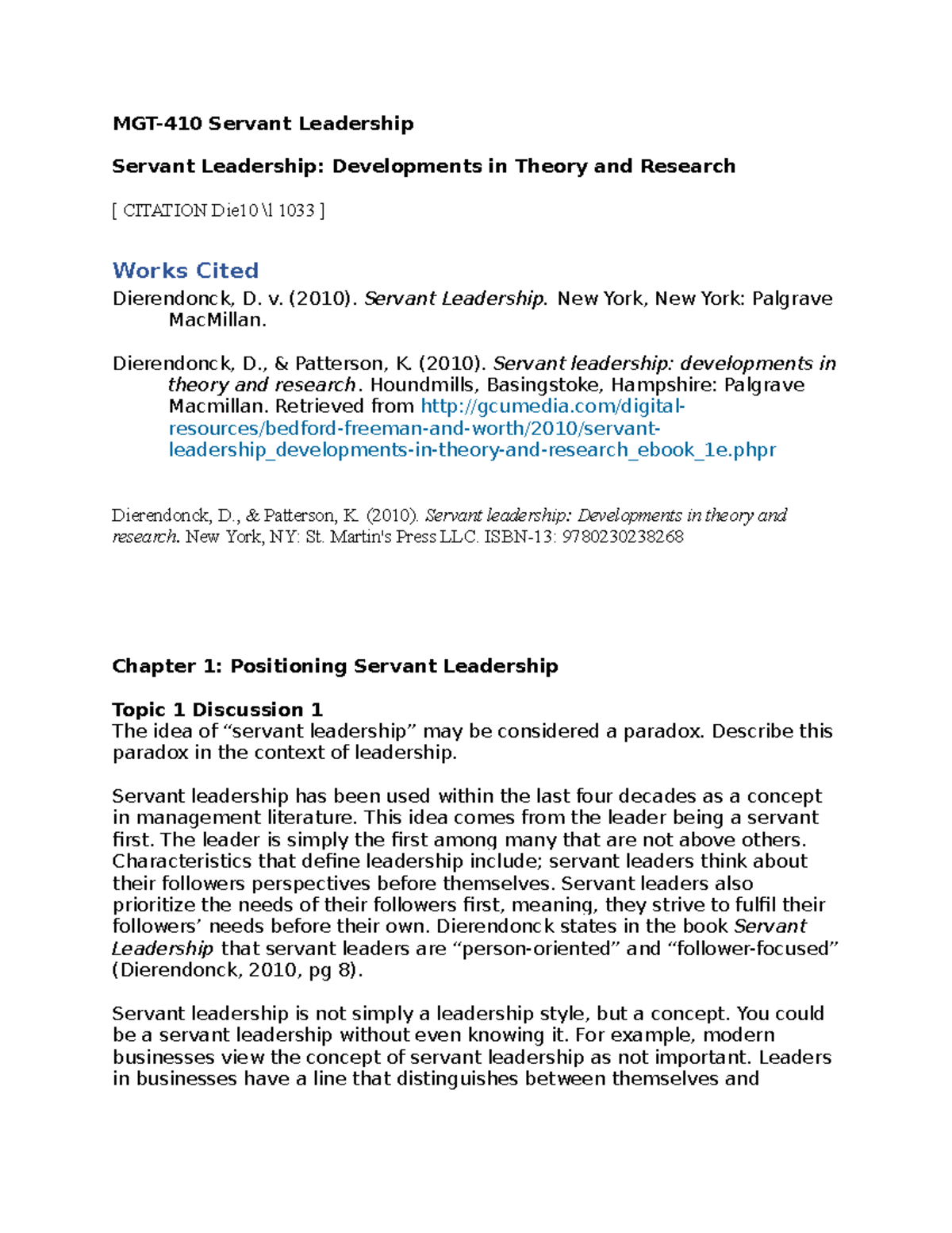 MGT-410 Notes - Discussion Questions - MGT-410 Servant Leadership ...