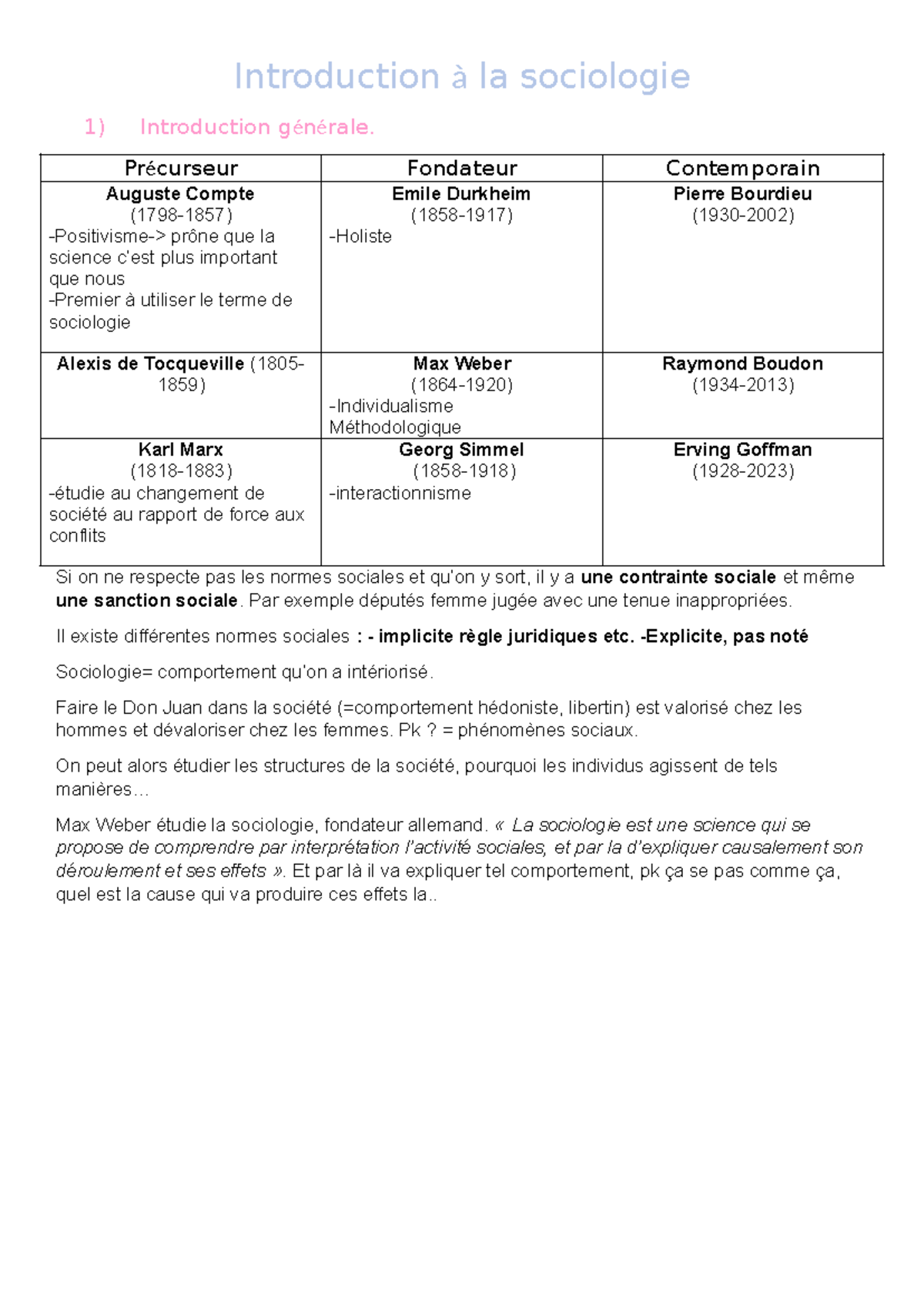 Cours 1 Socio - Introduction à la sociologie 1) Introduction générale. Précurseur Fondateur ...