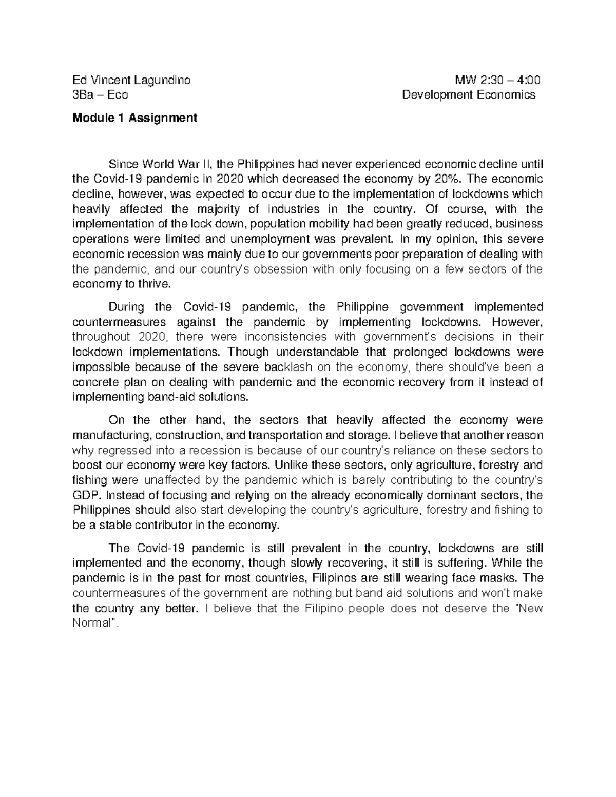 Module 1 Assignment - Development Economics - Ed Vincent Lagundino MW 2 ...