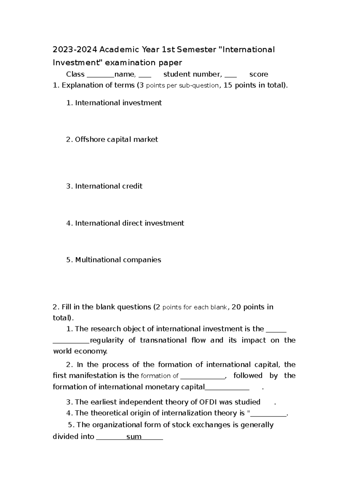 "International Investment" examination paper - 2023-2024 Academic Year ...