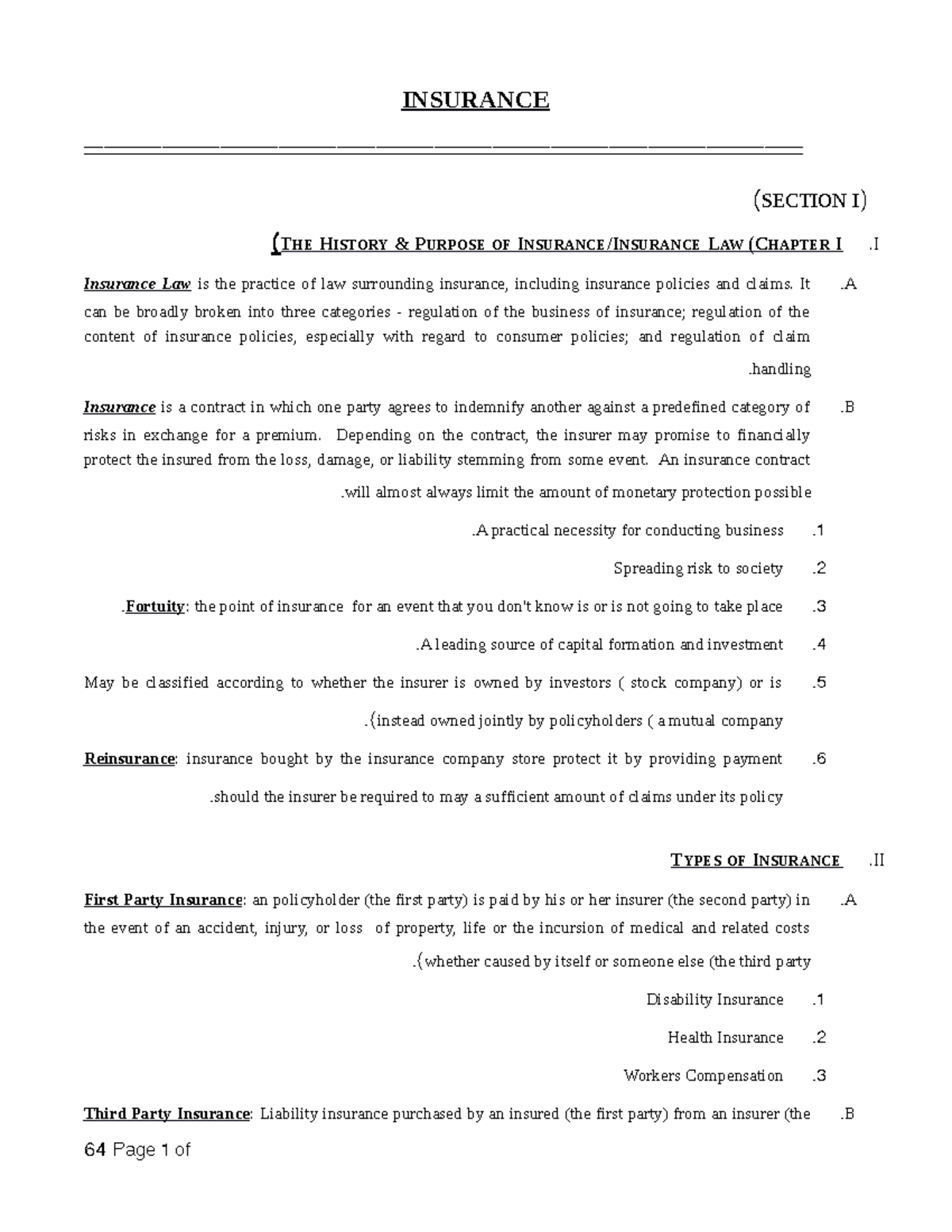Insurance Law Outline and Class Notes - INSURANCE ...