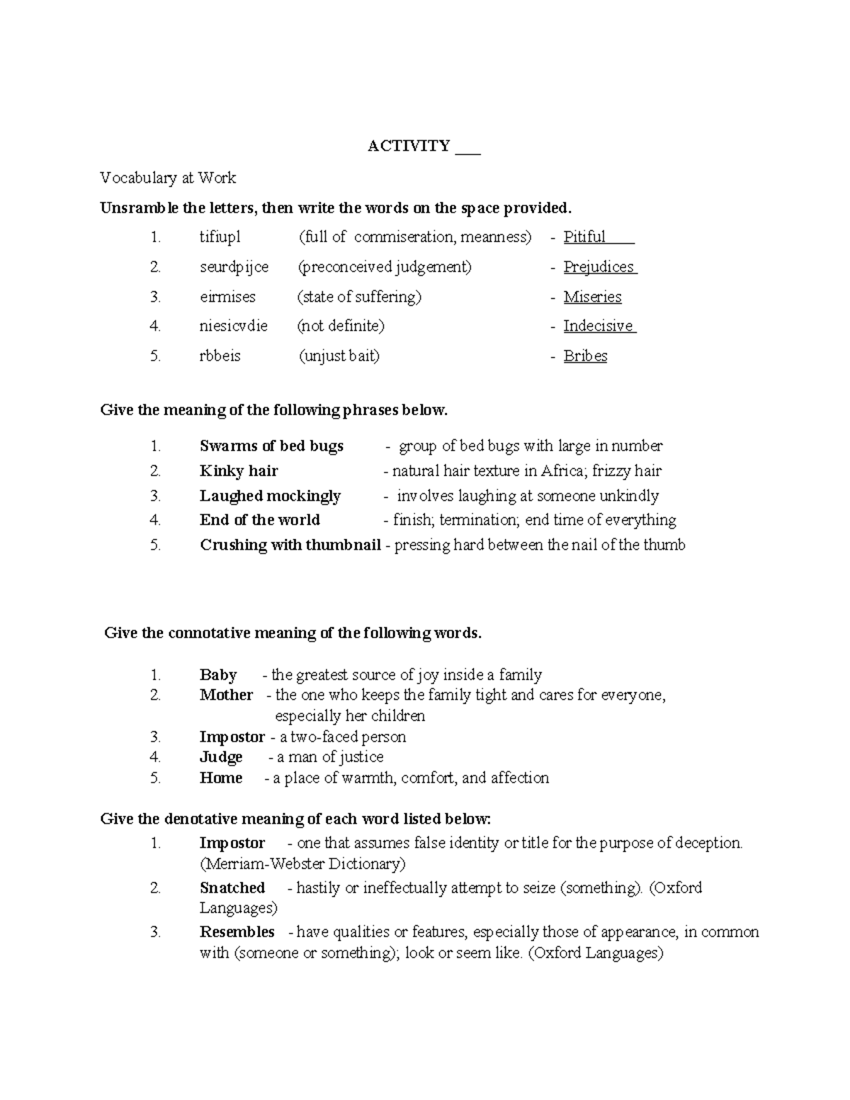 10-31- Activity - ACTIVITY ___ Vocabulary at Work Unsramble the letters ...