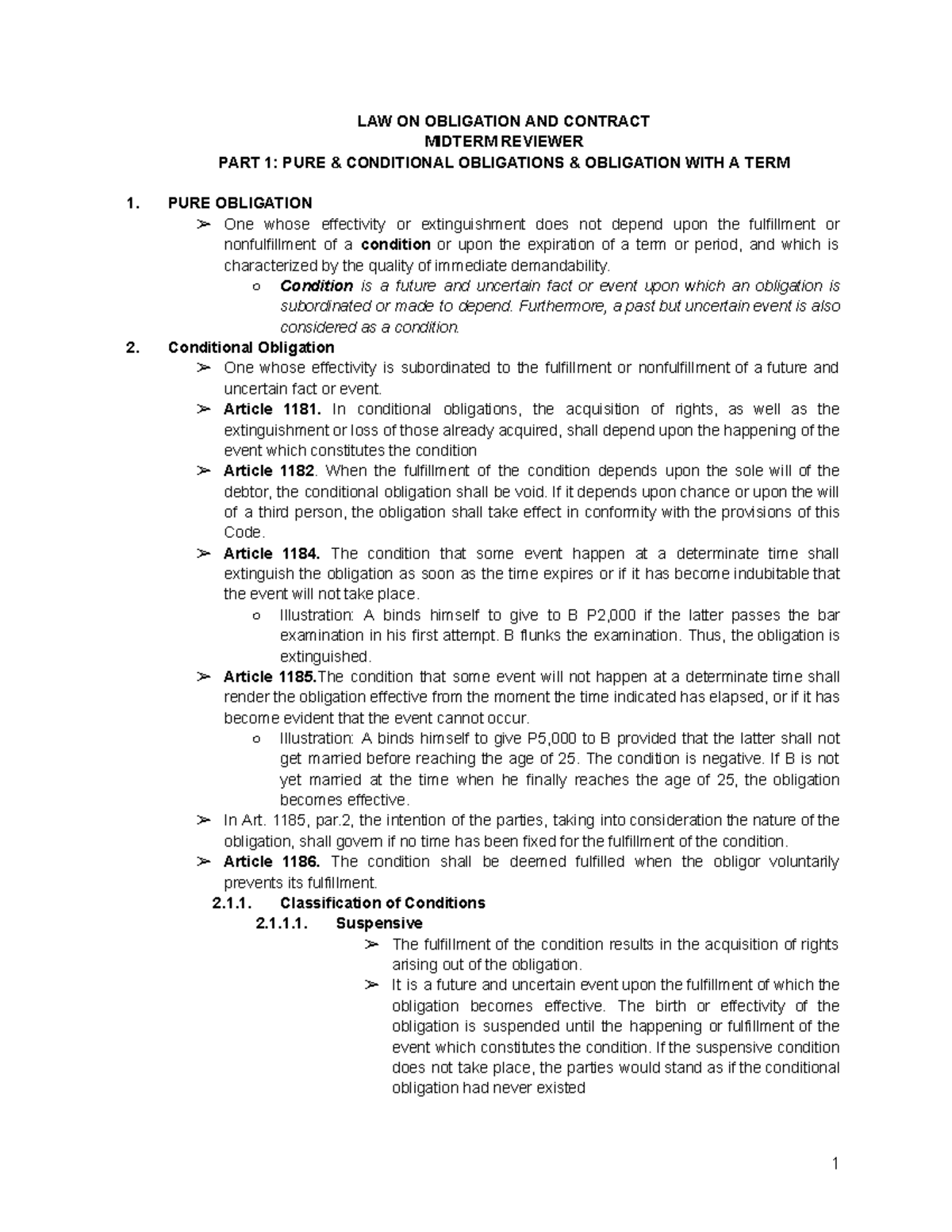 LAW ON Obligation AND Contract Handout Midterm - LAW ON OBLIGATION AND CONTRACT MIDTERM REVIEWER ...