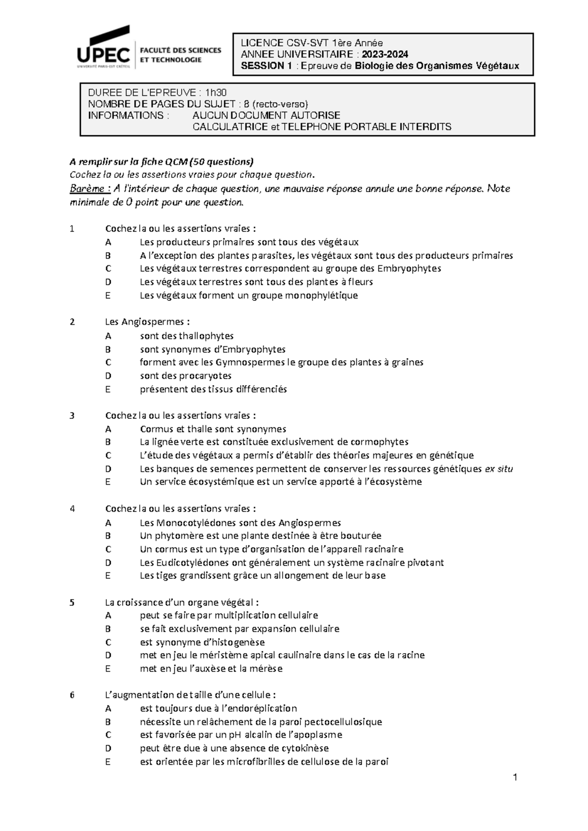 Sujet L1 BOV 23 24 S1 - A remplir sur la fiche QCM (50 questions ...