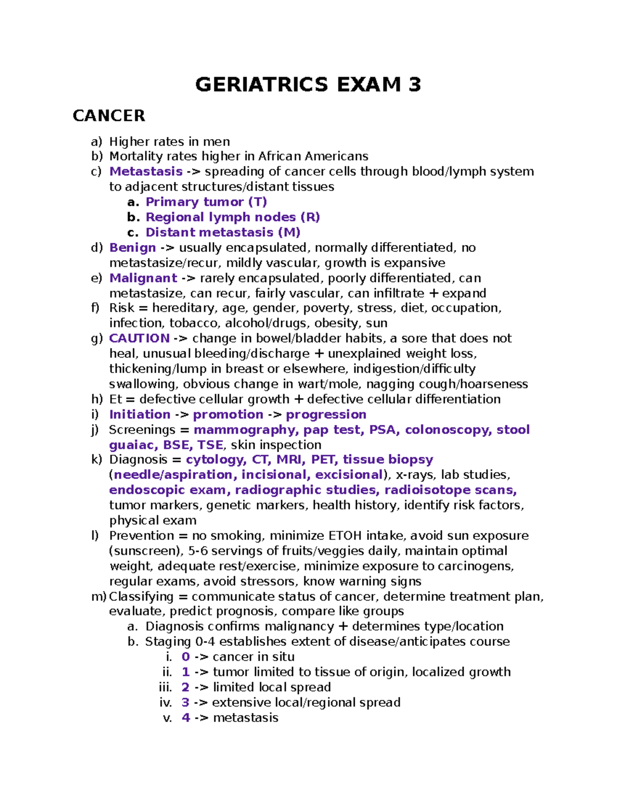 older adult exam 3 - exam 3 outline - GERIATRICS EXAM 3 CANCER a ...