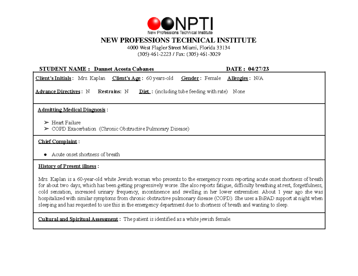 Care plan 2 - NEW PROFESSIONS TECHNICAL INSTITUTE 4000 West Flagler ...
