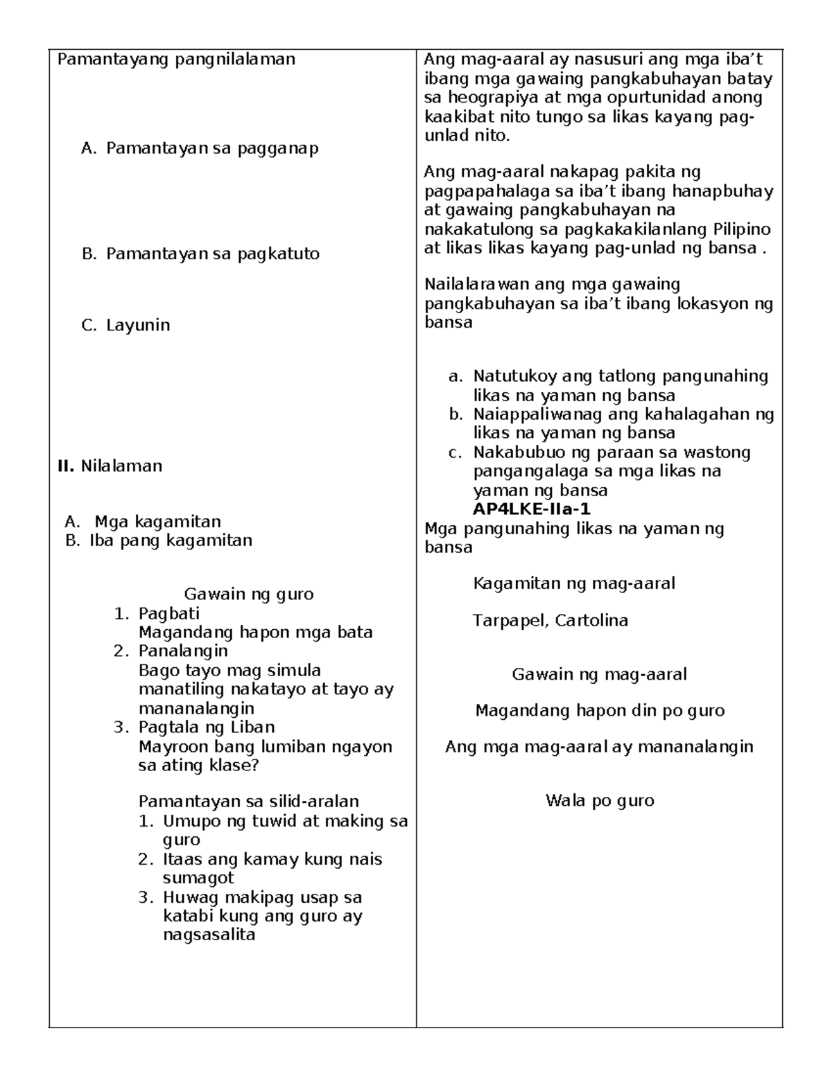 AP Likas Yaman - Pamantayang pangnilalaman A. Pamantayan sa pagganap B ...
