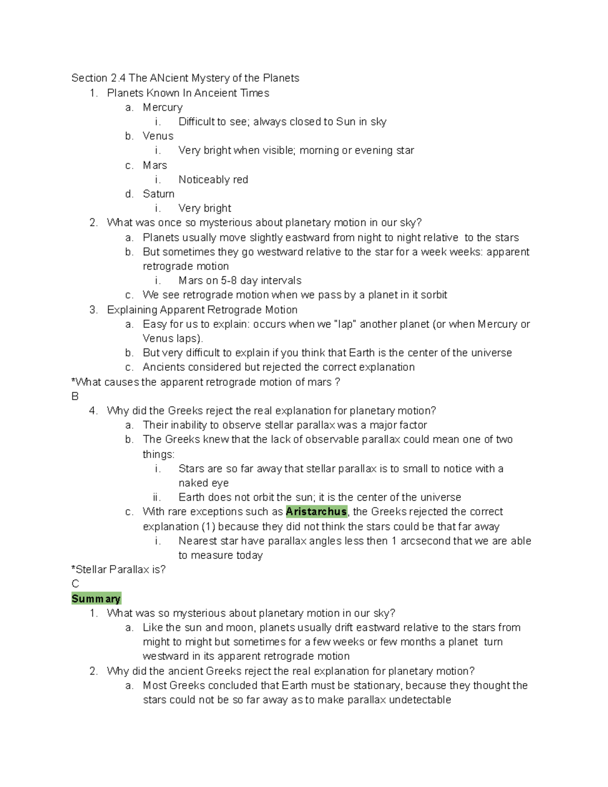 AST notes - Section 2 The ANcient Mystery of the Planets 1. Planets ...
