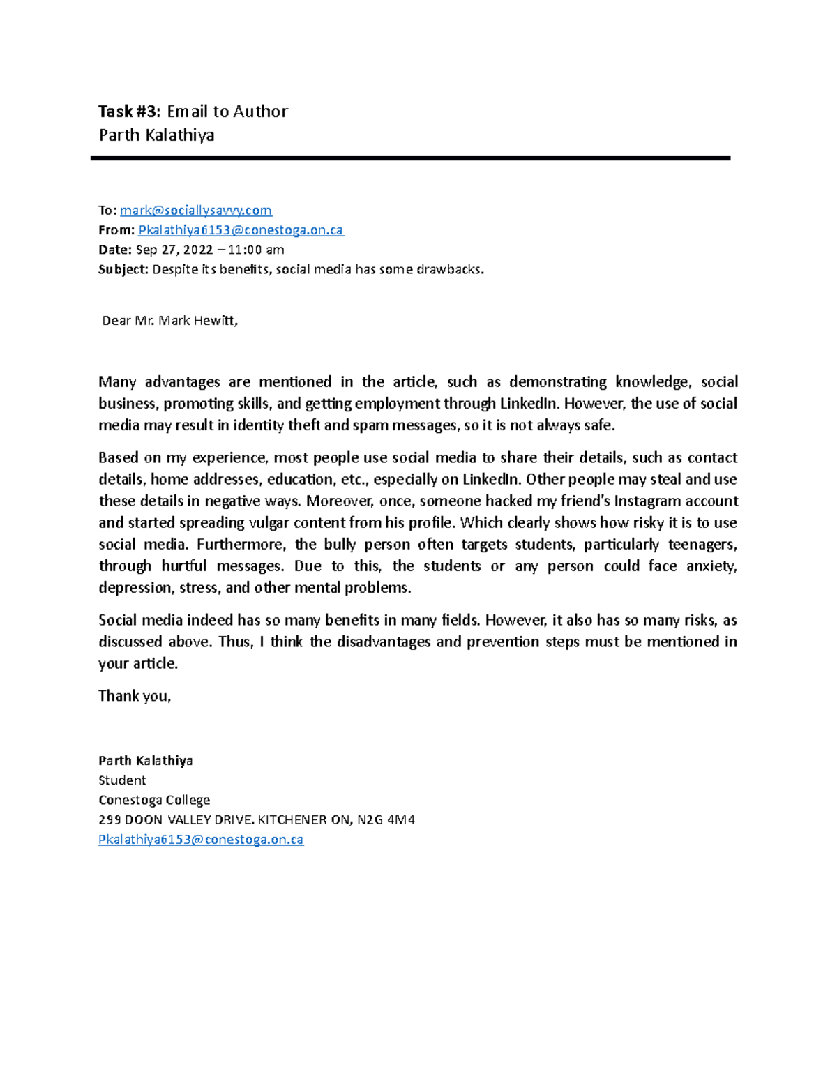 Task 3 Email to author - Parth Kalathiya - Task #3: Email to Author ...