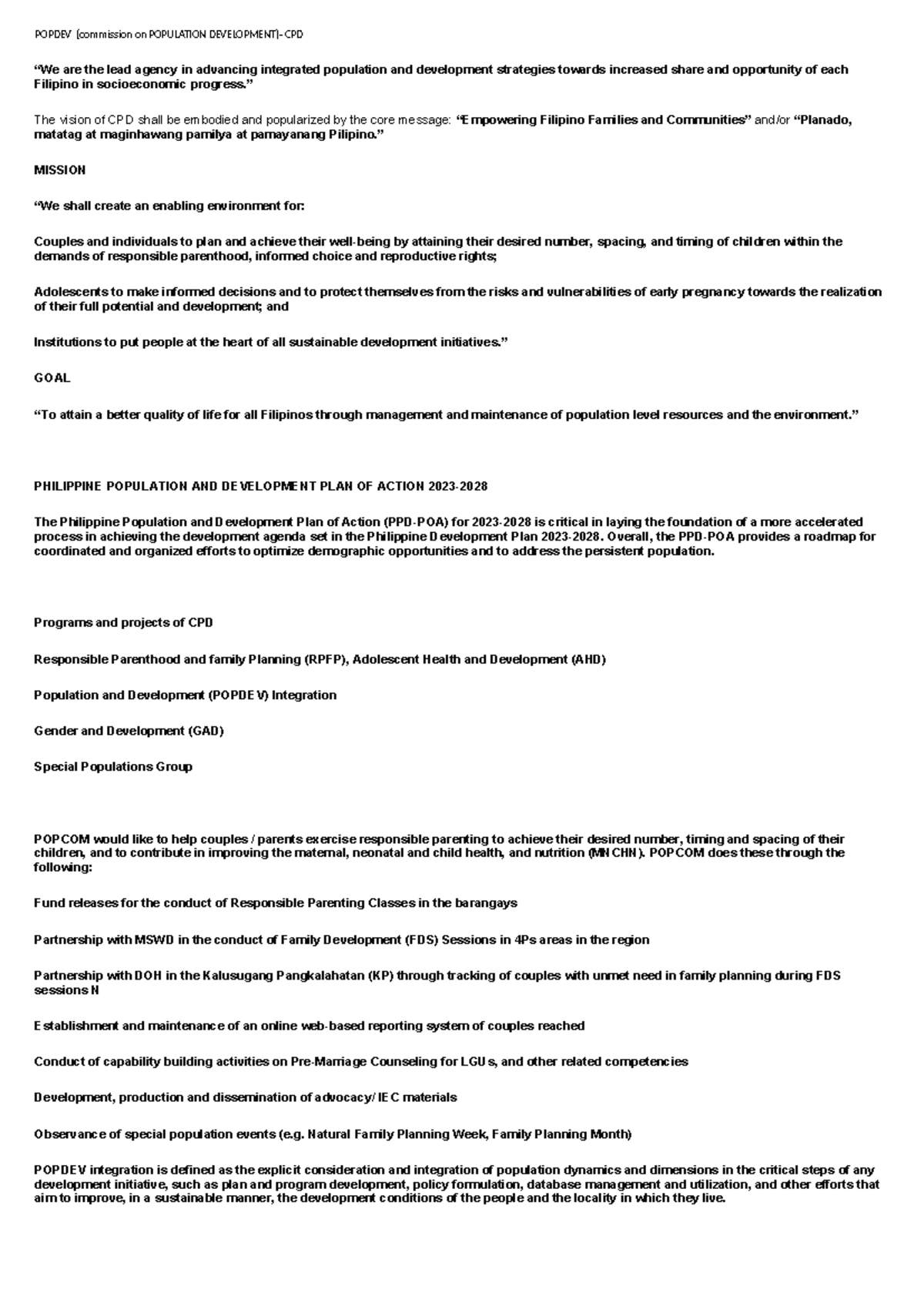 Popdev - POPDEV (commission on POPULATION DEVELOPMENT)- CPD “We are the ...