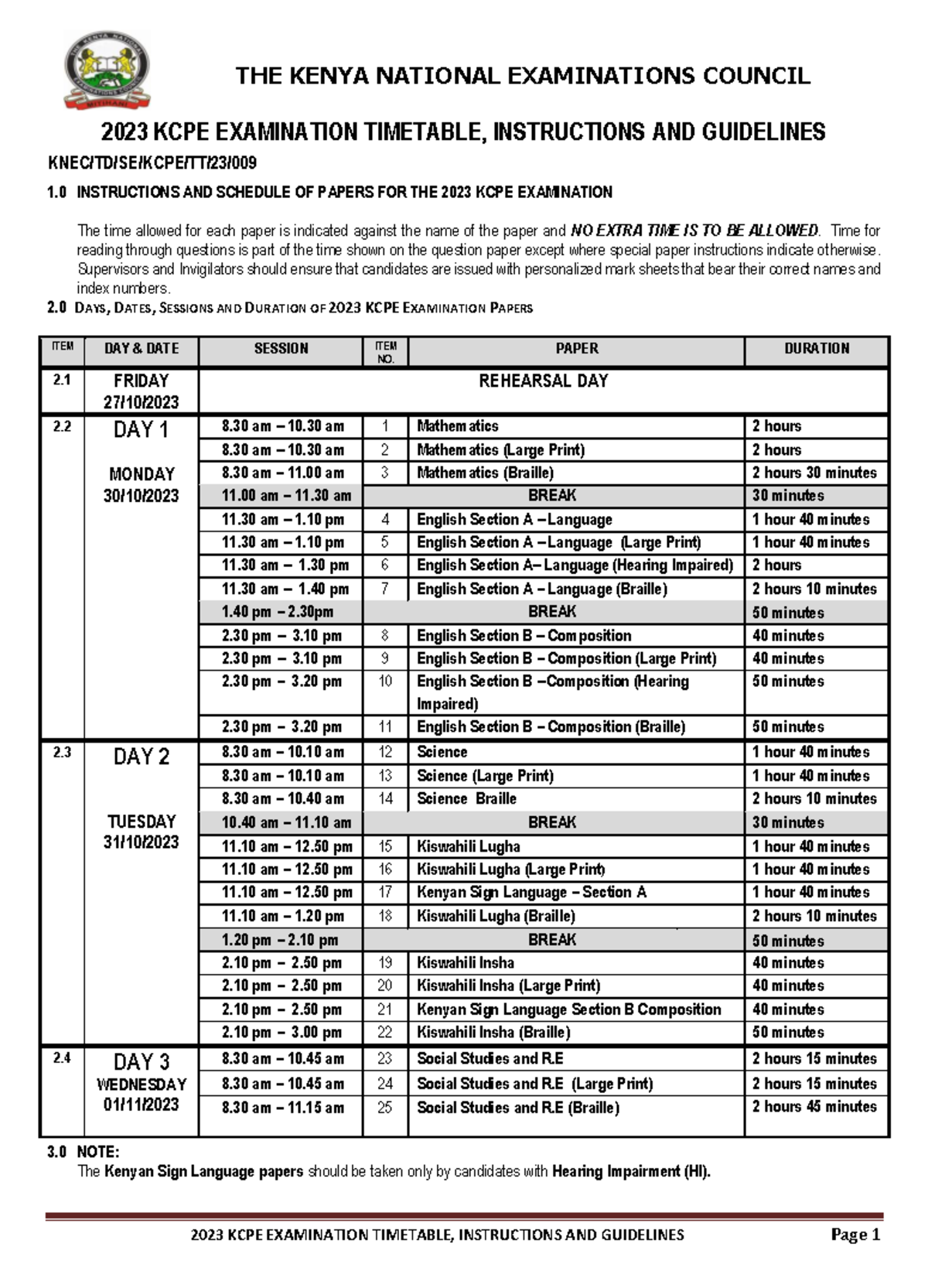 2023 KCPE Timetable 04 - 2023 KCPE EXAMINATION TIMETABLE, INSTRUCTIONS ...