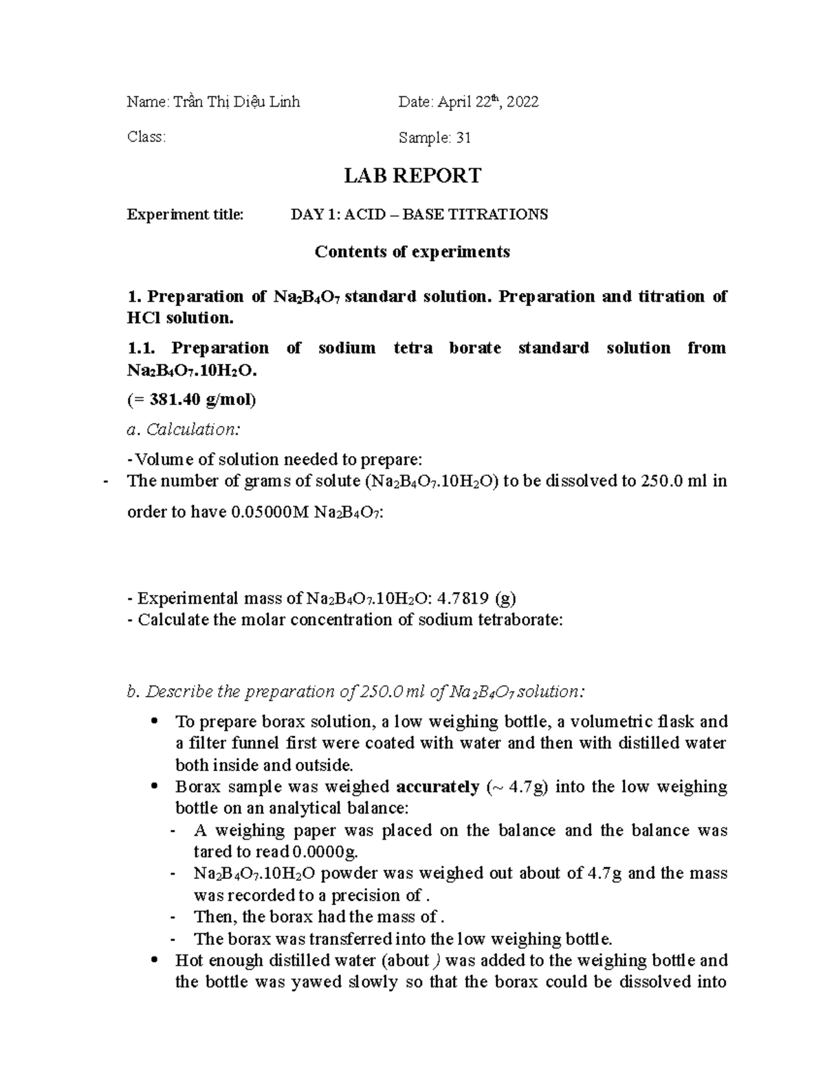 Lab report analysis chemical 2 - Name: Trần Thị Diệu Linh Class: Date ...