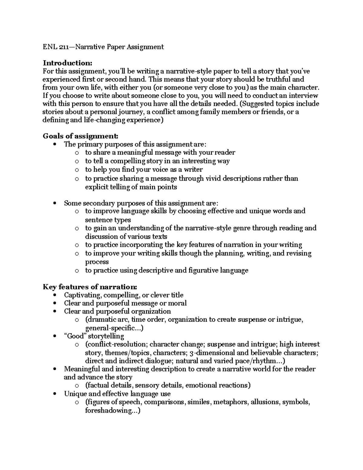 Narrative Paper Assignment 211 Fall 23 - ENL 211—Narrative Paper ...