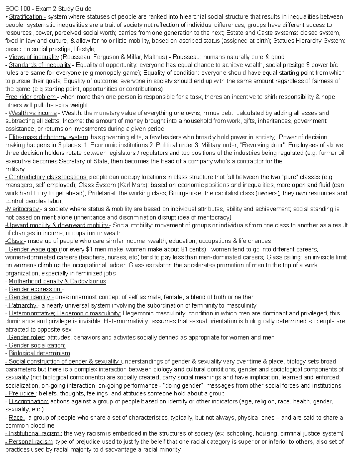 SOC study guide 2 - SOC 100 - Exam 2 Study Guide Stratification - system where statuses of ...