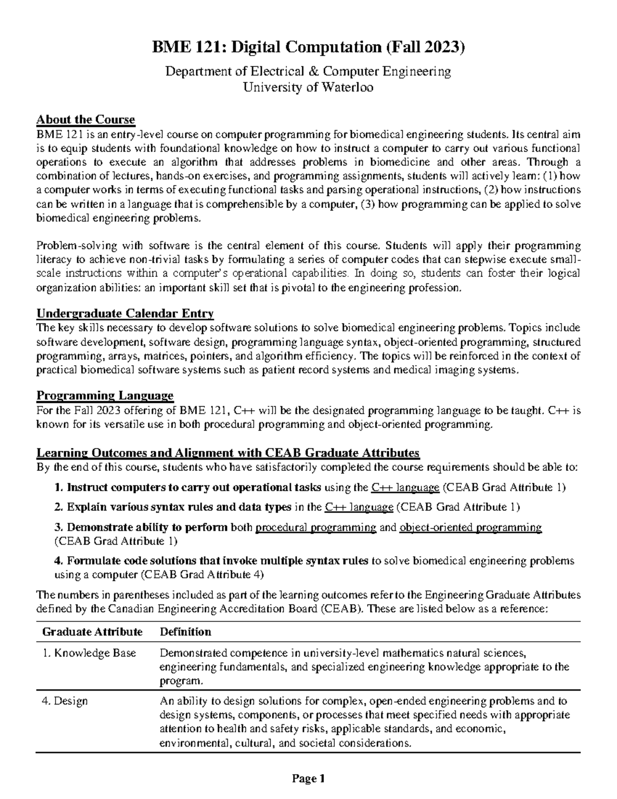 BME121-Course Syllabus-Fall 2023 - BME 121: Digital Computation (Fall 20 23 ) Department of ...