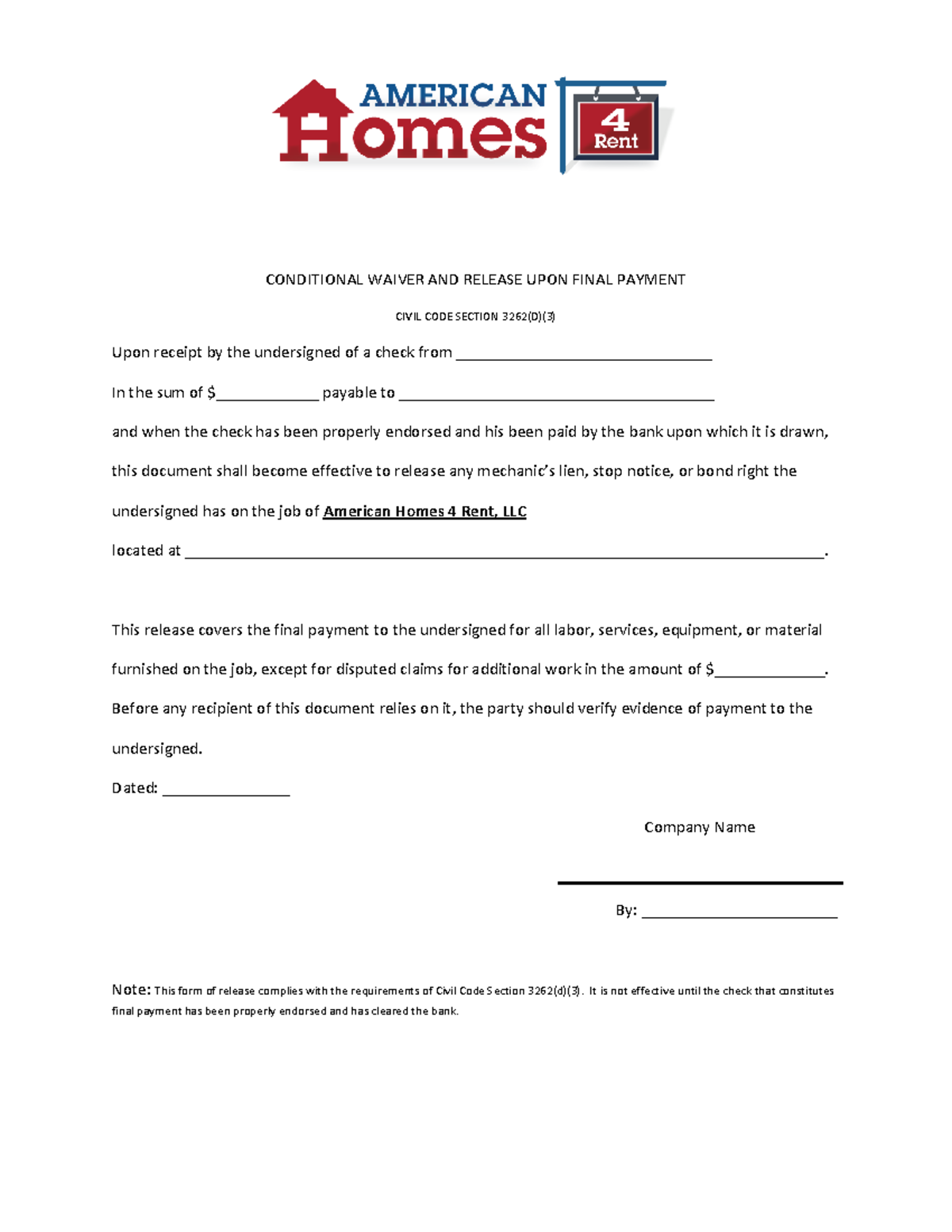 Conditional Waiver and Release upon Final Payment - CONDITIONAL WAIVER ...