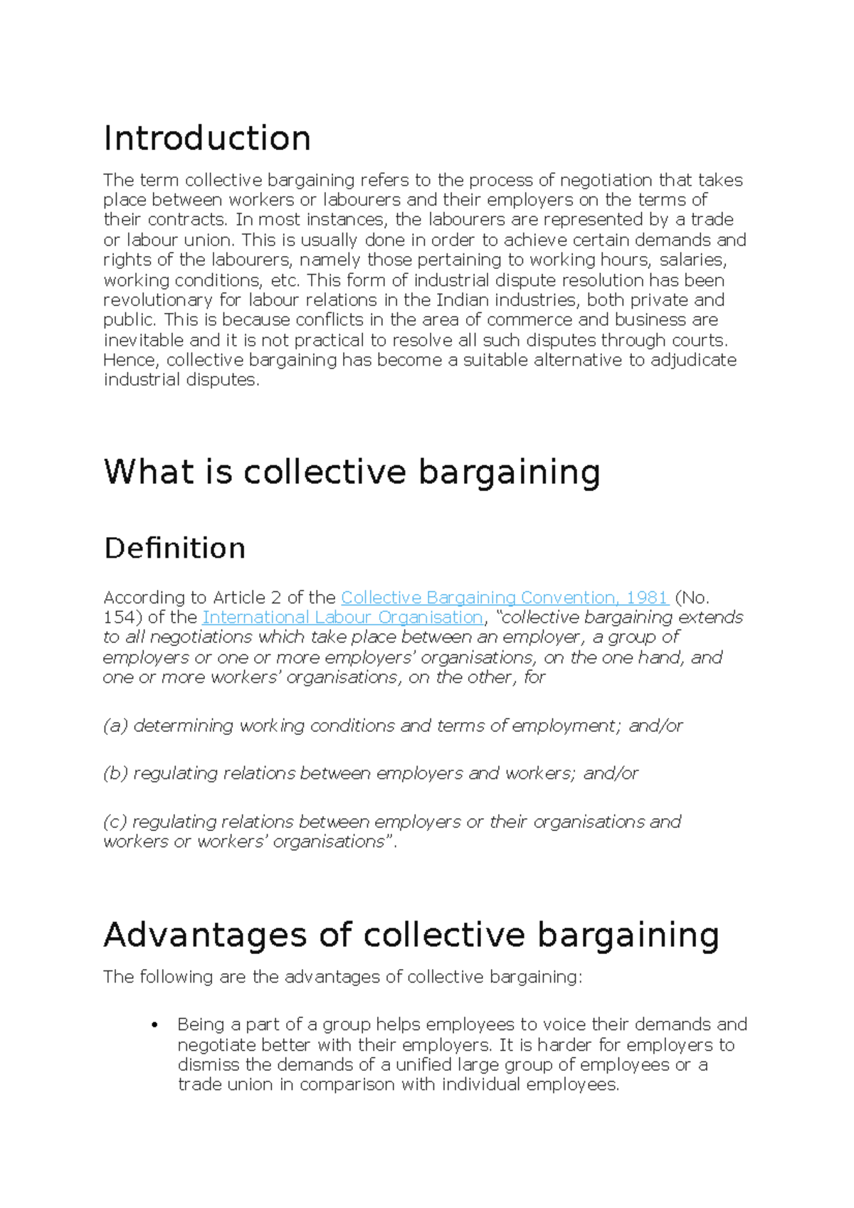 Labour law - Introduction The term collective bargaining refers to the ...
