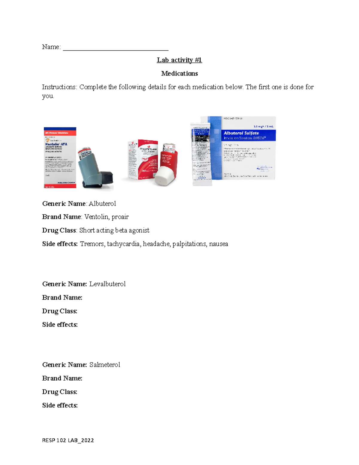 Lab activity 1 (Medications) - Name: ______________________________ Lab ...
