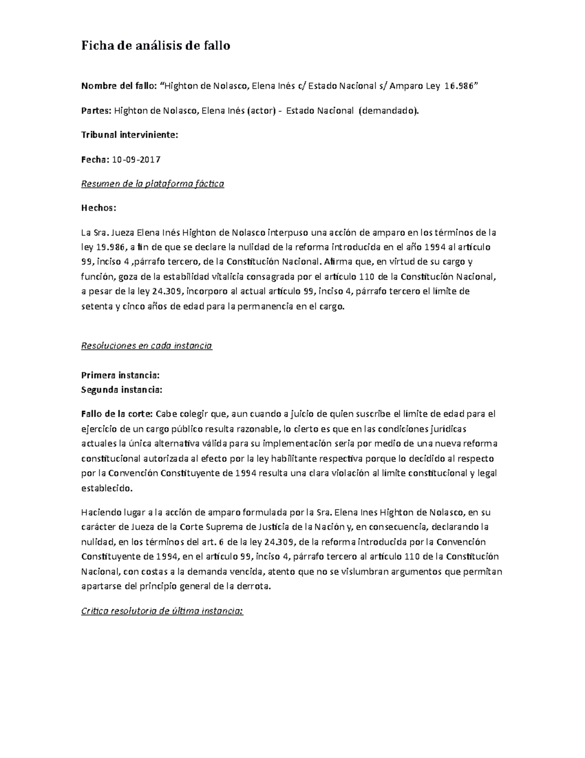 Ficha de análisis de fallo - Ficha de análisis de fallo Nombre del fallo: “Highton de Nolasco ...
