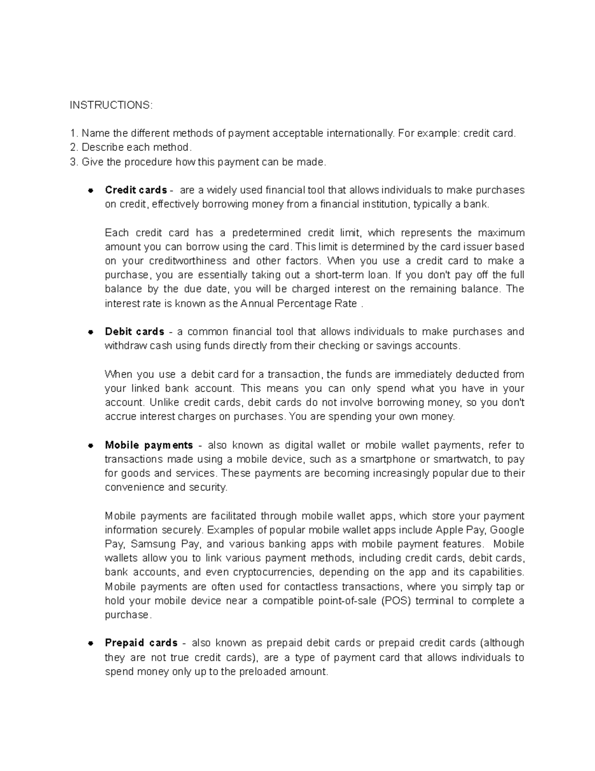 IBT Assignment 3 - INSTRUCTIONS: Name the different methods of payment ...