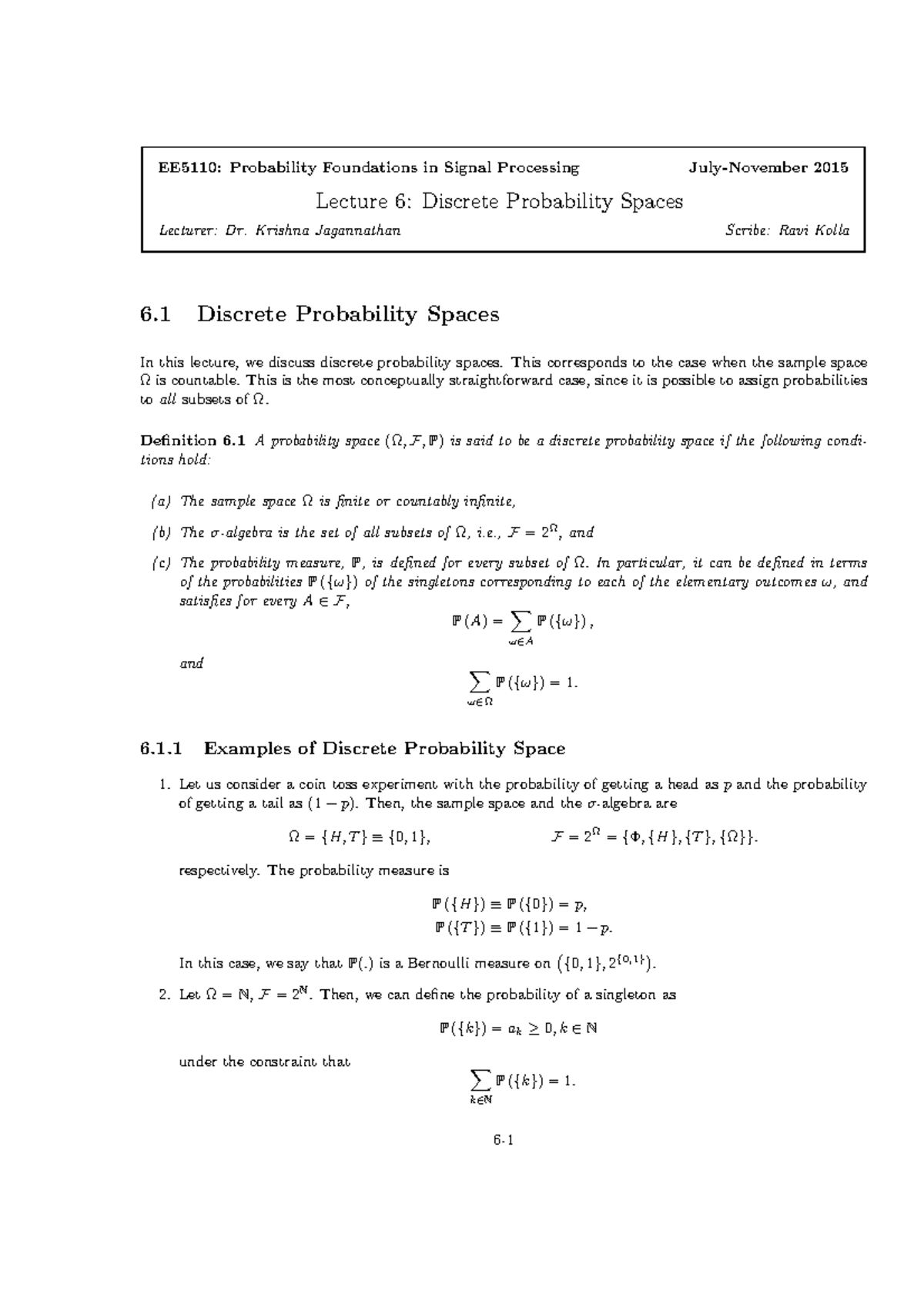 Lecture 6 Discrete Probability - EE5110: Probability Foundations in Signal Processing July ...