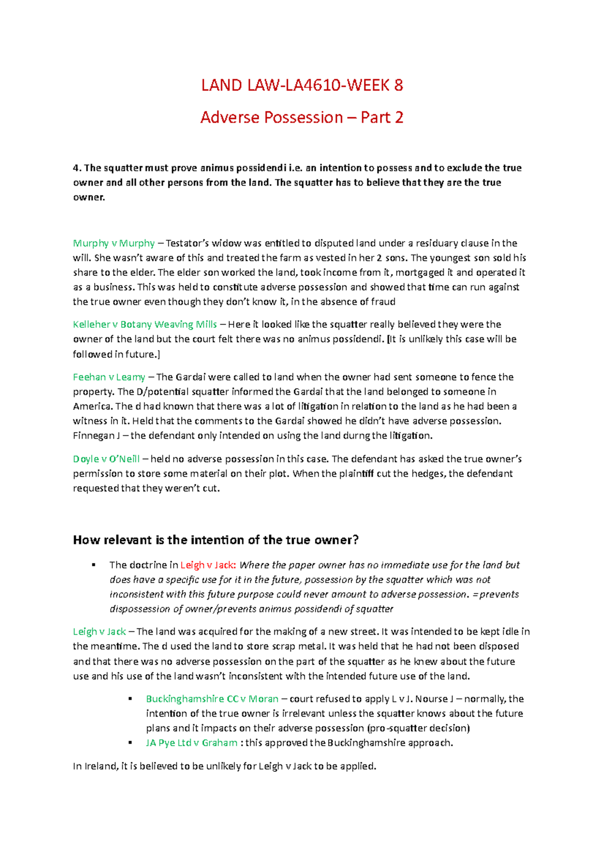 LA4610 Week 08 - Adverse Possession Part 2 - LAND LAW-LA4610-WEEK 8 ...