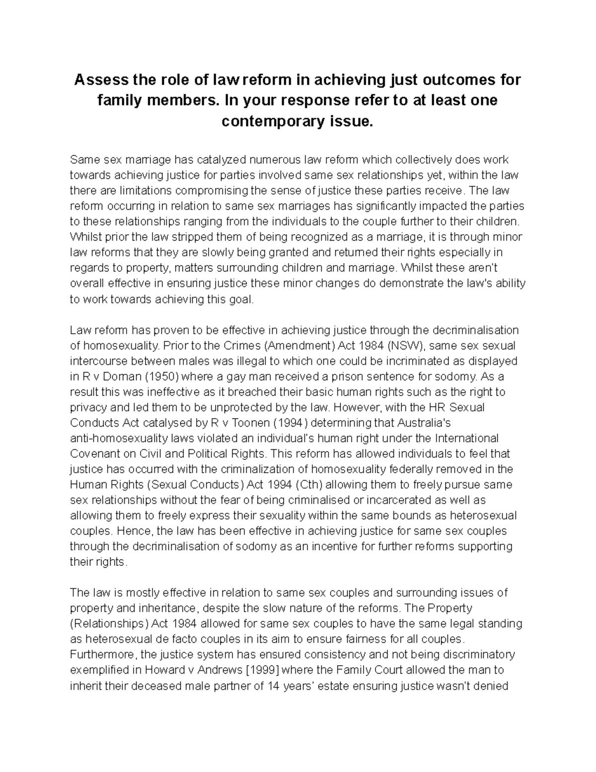Recognition of same sex couples - Role of Law Reform - Assess the role ...