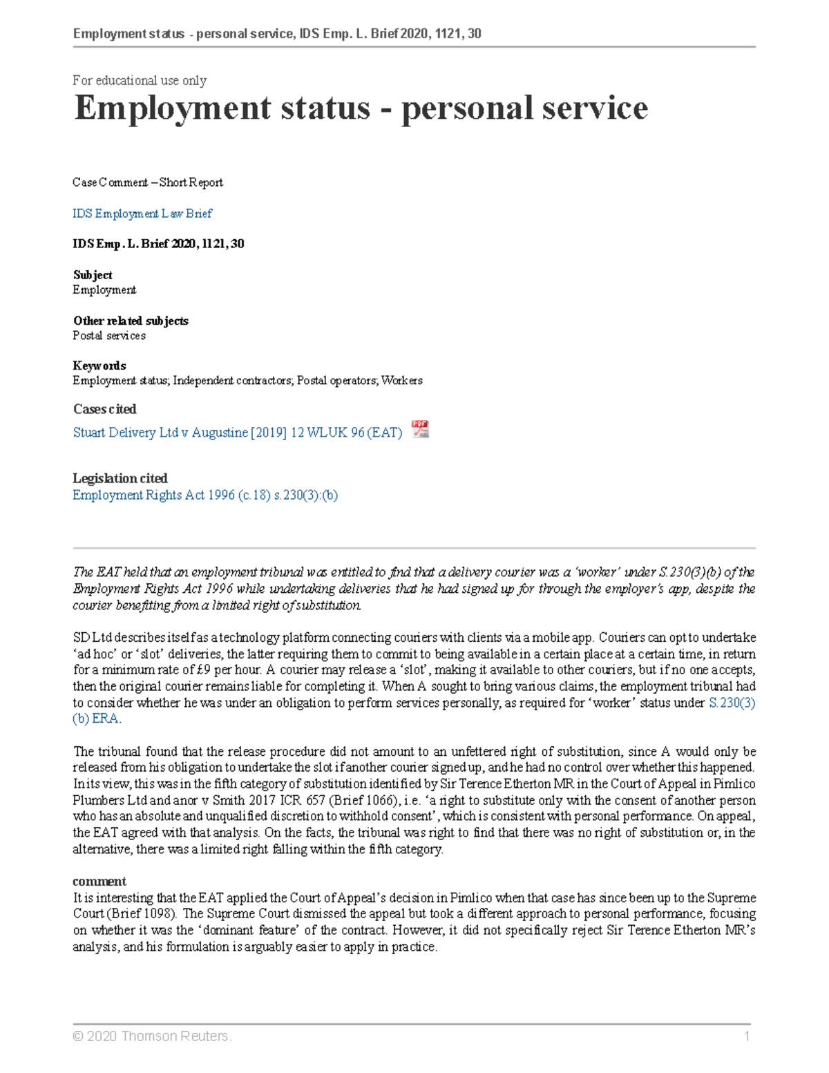 IDS Emp. L. Brief 2020, 1121, 30 Employment status - personal service ...