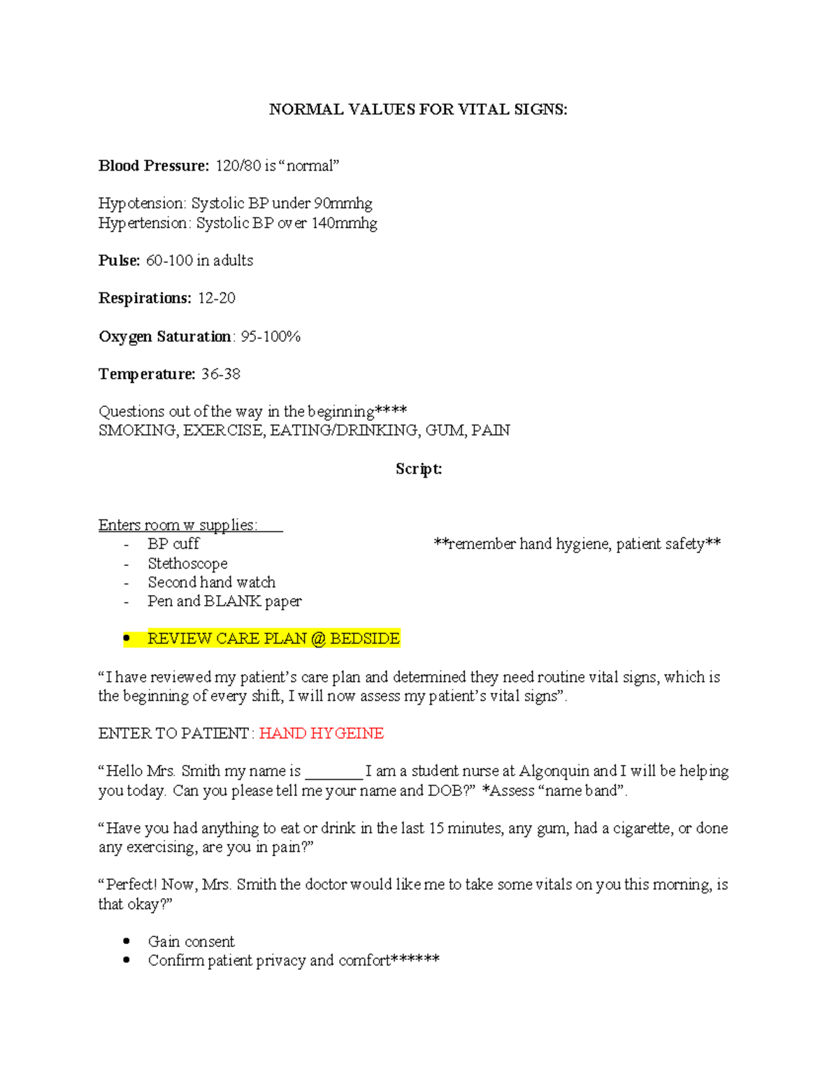 Script PN Level 1 Practical Exam - NORMAL VALUES FOR VITAL SIGNS: Blood ...