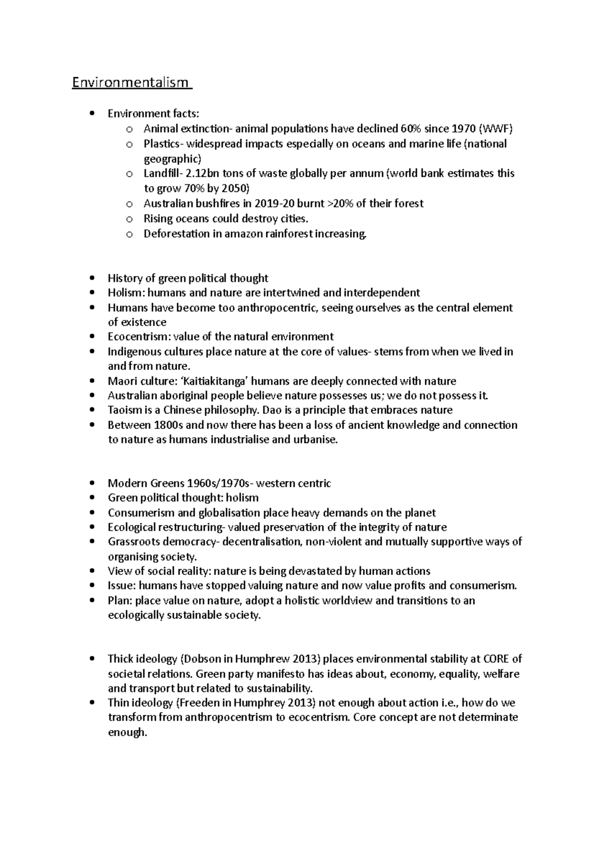 Environmentalism - Overview of key points from the lecture ...