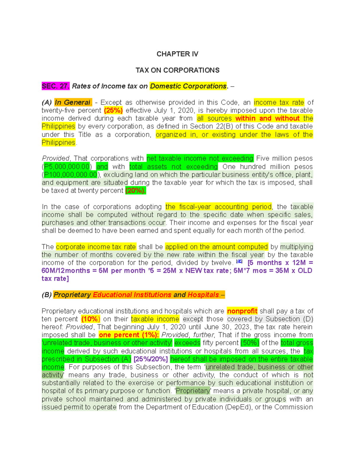 Finals Codal Tax 1 for review - CHAPTER IV TAX ON CORPORATIONS SEC. 27 ...