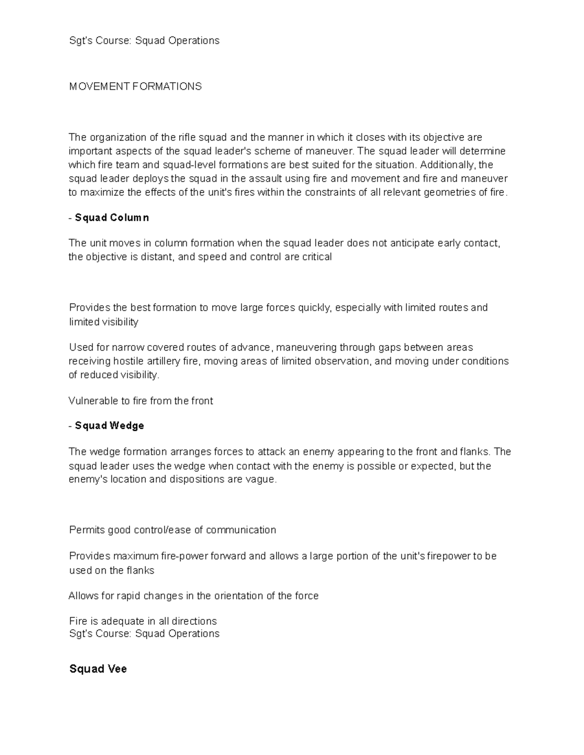 Squad In Defense - Sgt’s Course: Squad Operations MOVEMENT FORMATIONS ...