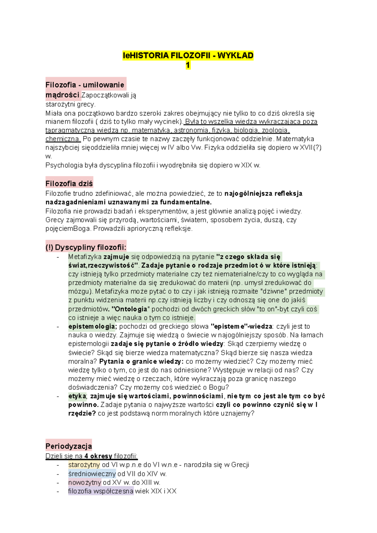 Notatki filozofia - leHISTORIA FILOZOFII - WYKŁAD 1 Filozofia ...