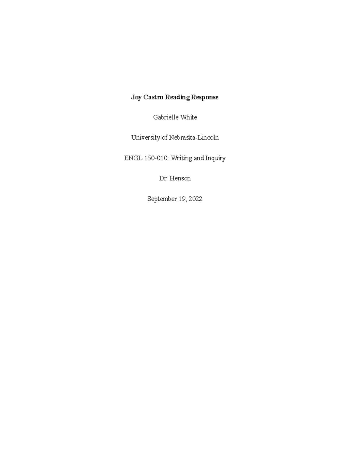 Joy Castro reading response - ENGL 151 - Joy Castro Reading Response ...