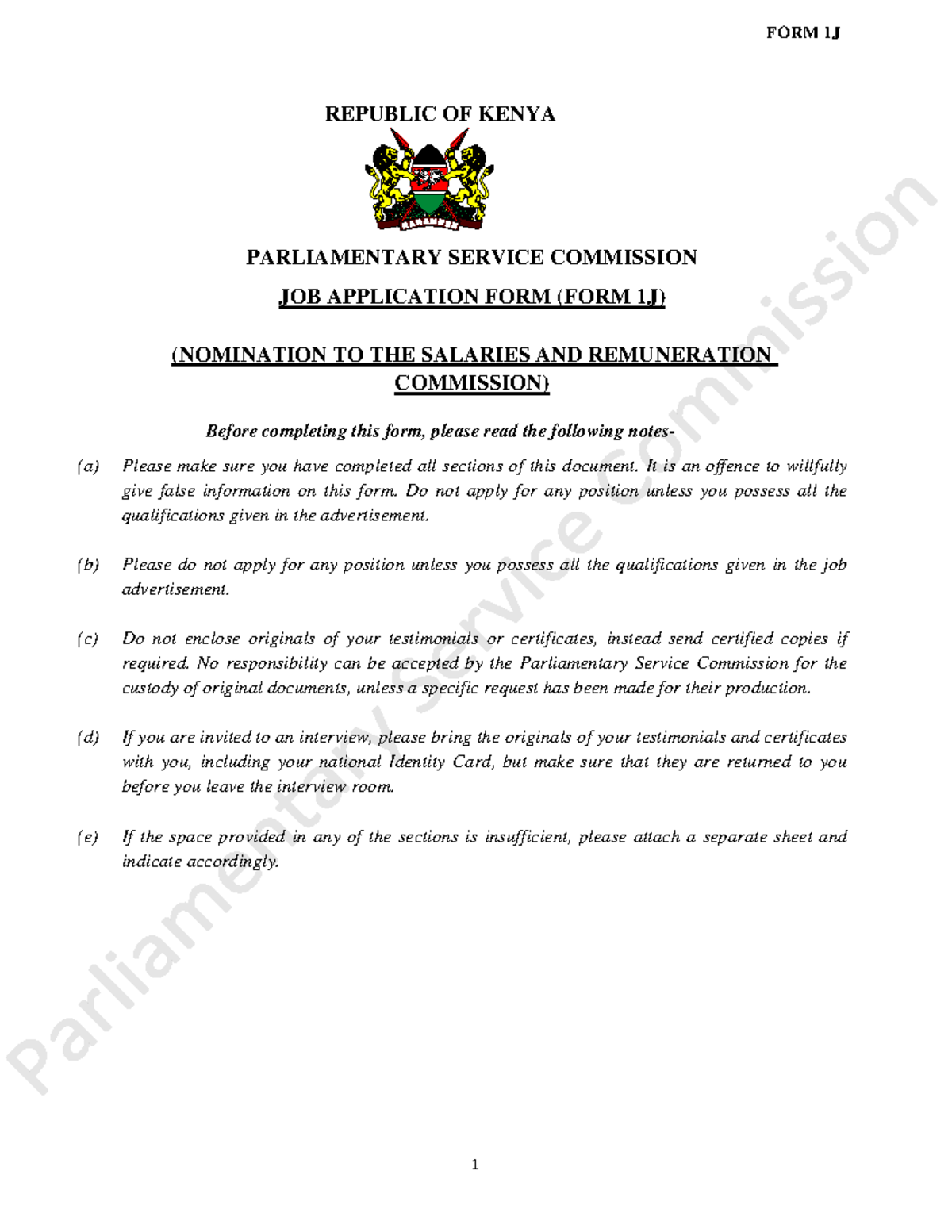 PSC Job Application Form 1J - SRC - REPUBLIC OF KENYA PARLIAMENTARY ...