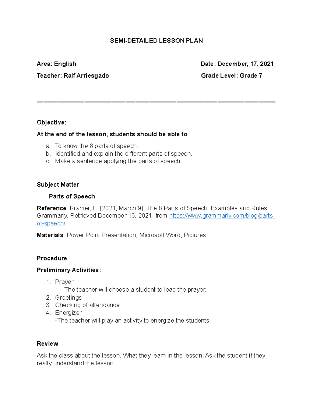 Semi Detailed Lesson Plan - SEMI-DETAILED LESSON PLAN Area: English ...