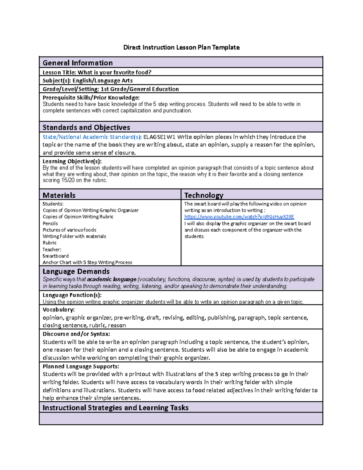 Task 1 Lesson Plan - ####### Direct Instruction Lesson Plan Template ...