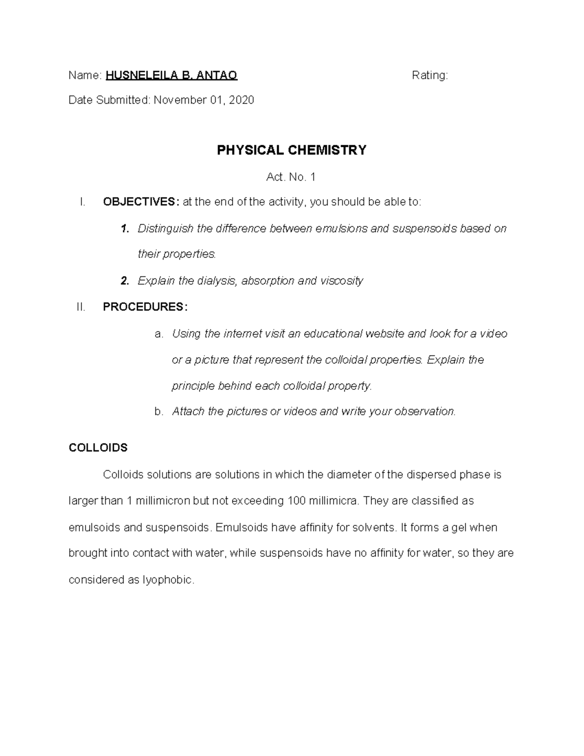 LAB Activity No. 1.1 Physical Chemistry - Name: HUSNELEILA B. ANTAO ...